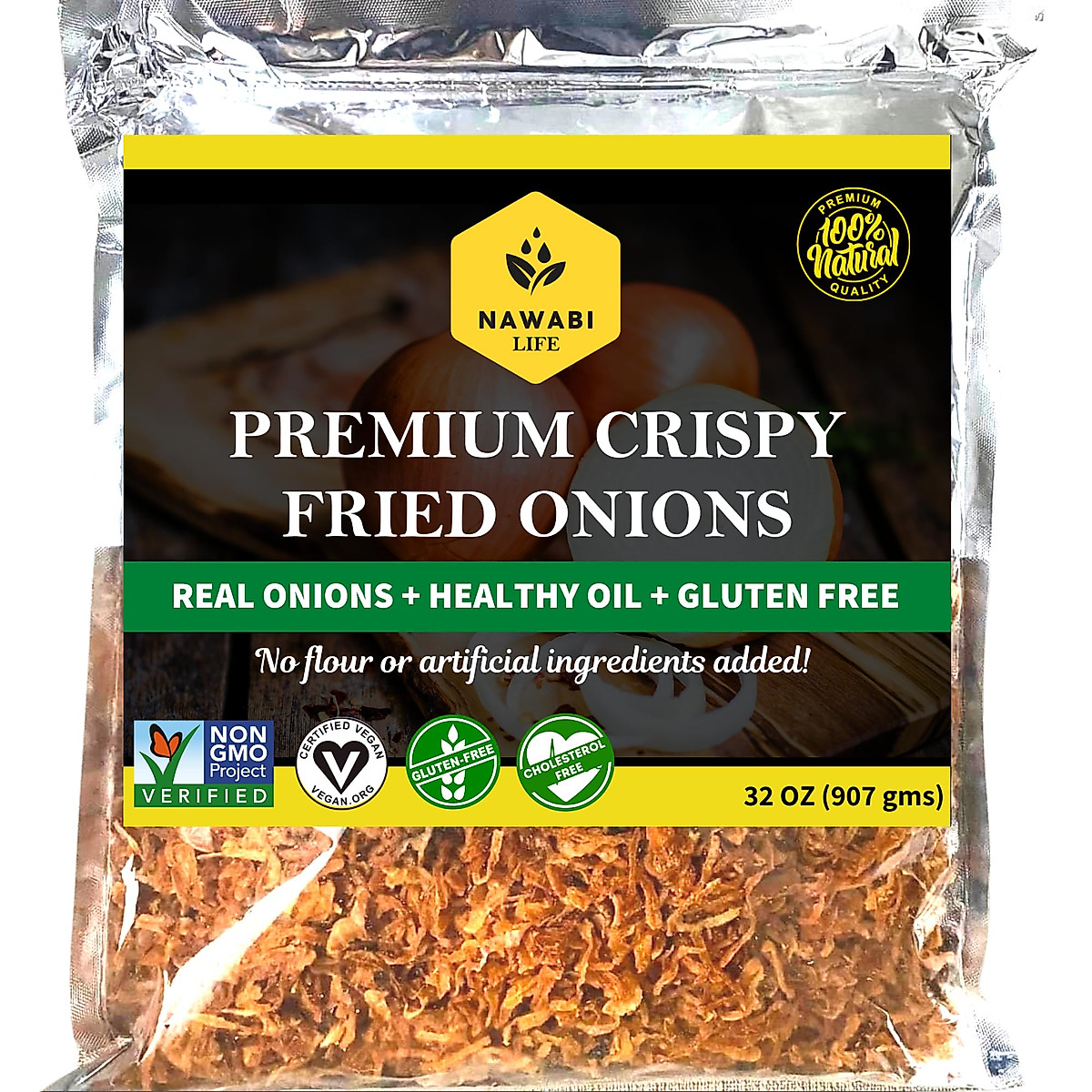 Crispy Fried Onions | 100% Natural (Non-GMO) | Gluten Free | KETO Friendly | No Sodium | Low Carb | Resealable Bag | 32 oz | By Nawabi Life