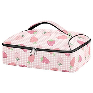 Kcldeci Insulated Thermal Food Carrier Insulated Casserole Carrier for Hot or Cold Food,Strawberry on Checkered (2) Insulated Tote Bag for Potluck Cookouts Parties Picnic,Lasagna Lugger