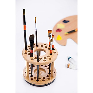 J JACKCUBE DESIGN 360 Rotating Paint Brush Holder Bamboo Watercolor Artist Brush Water Coloring Organizer Display Stand Tray Rack with 27 Holes and 1 Big Hole – MK441A
