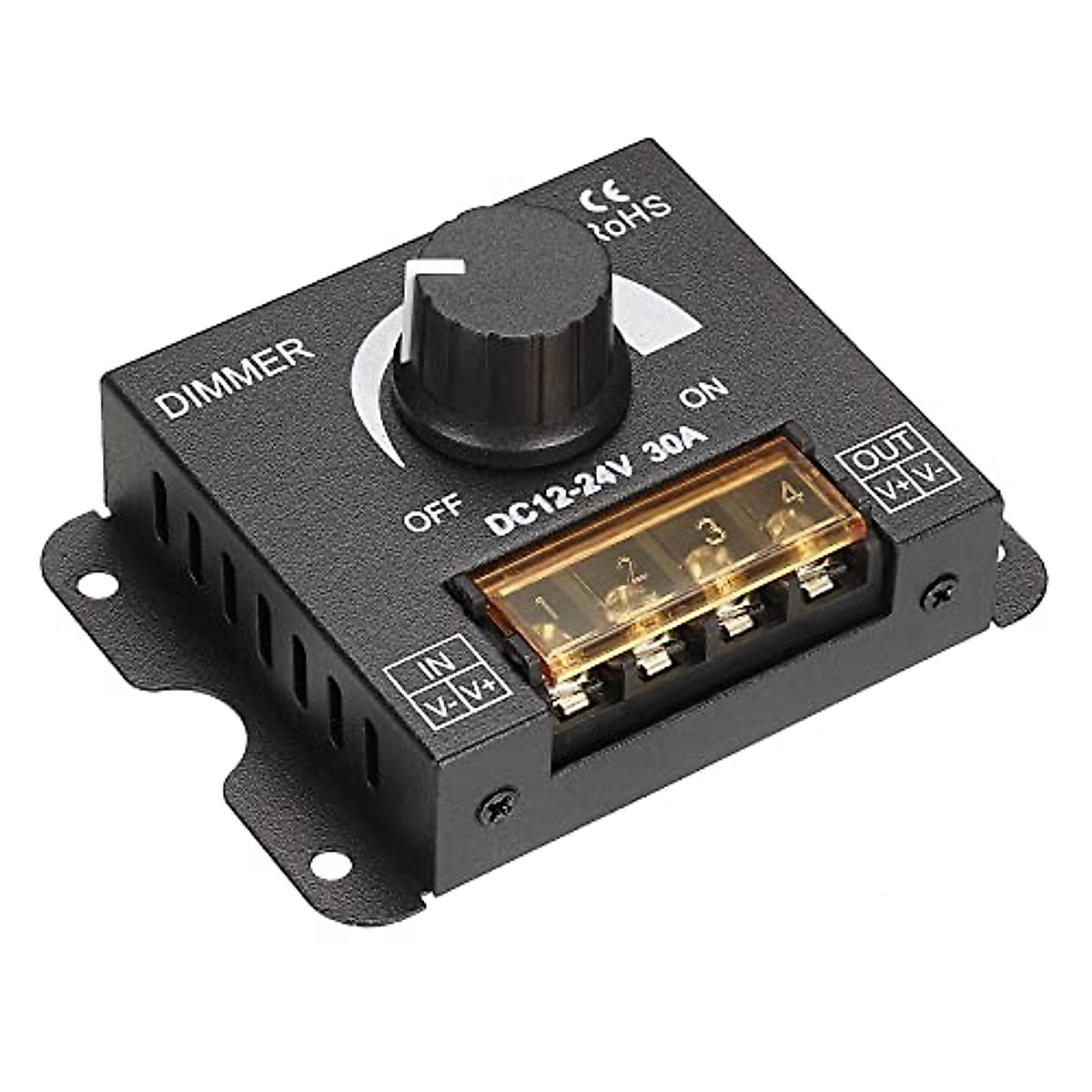 MECCANIXITY LED PWM Dimmer DC 12V 24V 30A Knob ON/Off Switch Dimming Controller with Metal Shell for Single Color Lighting LED Strips, Black