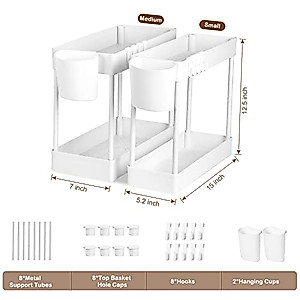 SageCapri 2 Pack Under Sink Organizer, 2 Tier Under Kitchen Bathroom Sink Storage with Hooks & Haning Cups, Multi-Purpose Cabinet Organization Basket Storage Shelf for Restroom Bedroom Living room, White