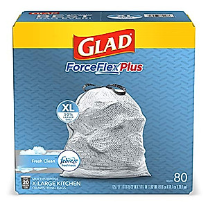 GLAD ForceFlexPlus XL X-Large Kitchen Drawstring Trash Bags, 20 Gallon Grey Trash Bag for Large Kitchen Trash Can, Fresh Clean with Febreze Freshness and Leak Protection, 80 Count (Package May Vary)