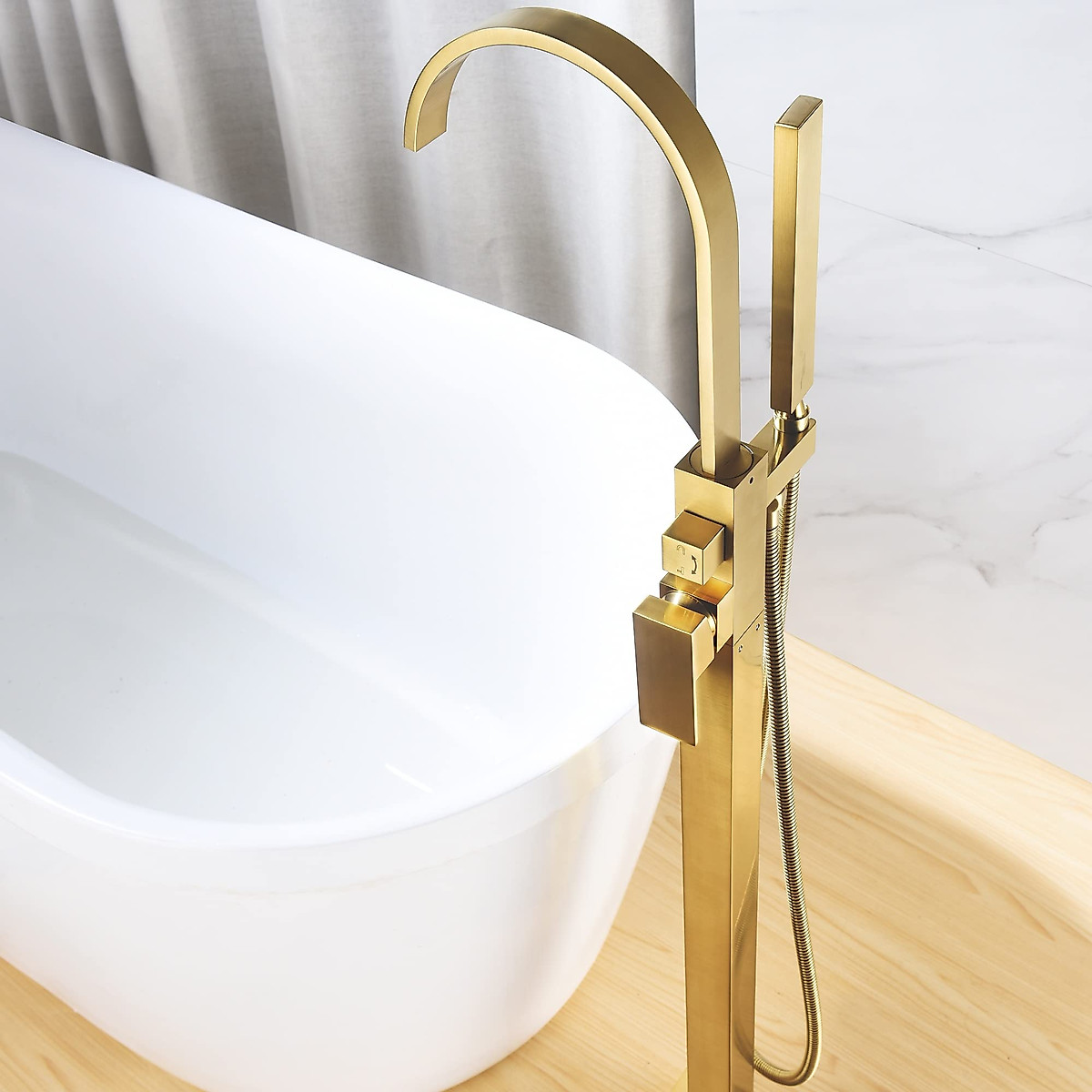 Sevenfalls 8018 Floor Mount Freestanding Bathtub Faucet Single Handle Tub Filler with Handheld Shower, Brushed Gold