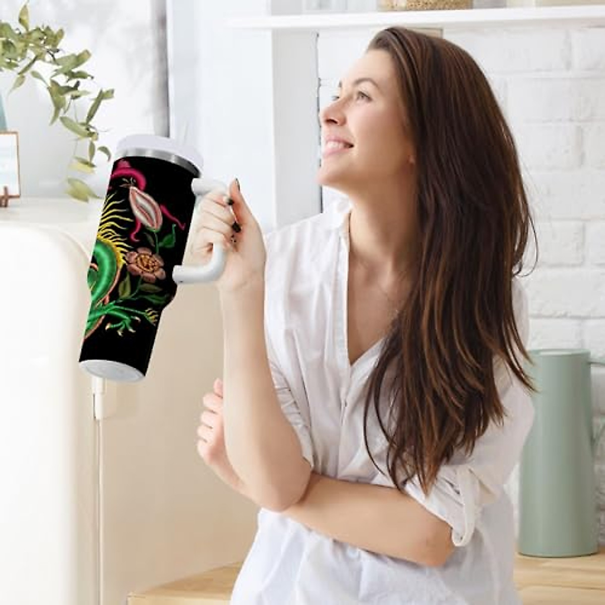 RPLIFE Cool Green Dragon Black 40oz Tumbler with Handle, Stainless Water Bottle, Insulated Tumblers with Handles