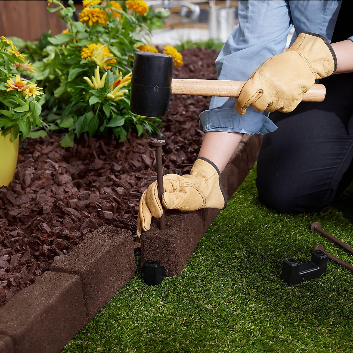 Rubberific 4' Rubber Cobblestone Flexible No Dig Landscape Mulch Border Edging with Anchoring Spikes for Lawns, Gardens, and Flower Beds - 4 Pack (Brown)
