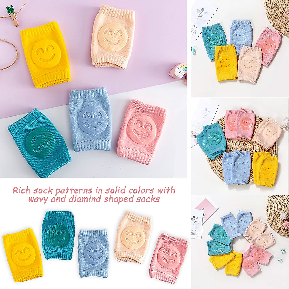 Eilin 5 Pairs Baby Crawling Anti-Slip Knee Pads Toddlers Knee-Pads Cute Smiley Boys Girls Protectors Socks Knee Pads Gift For Infant