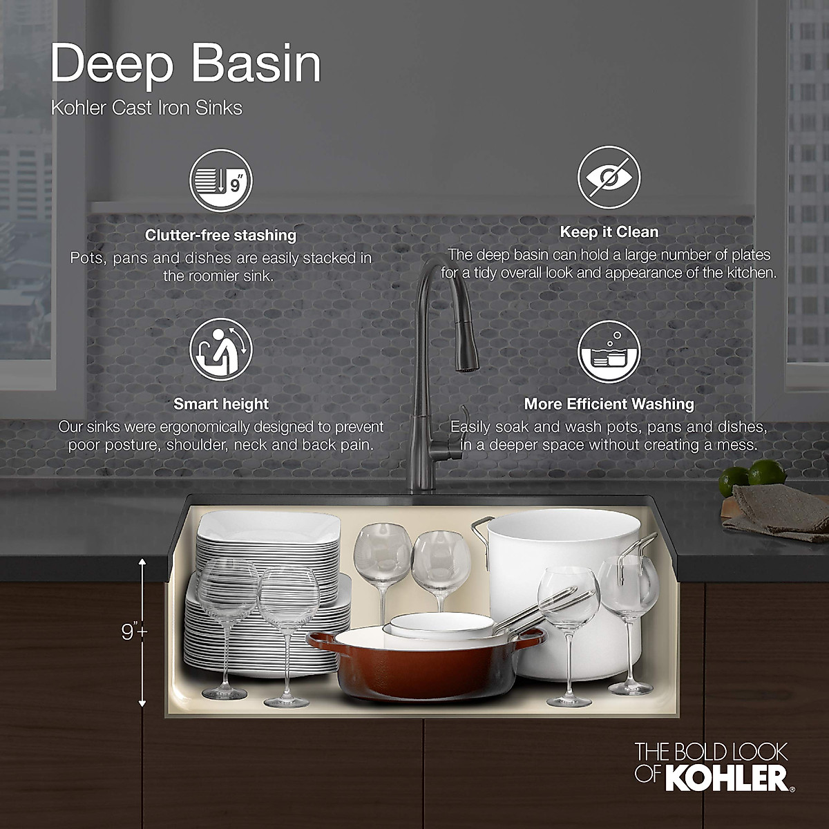 KOHLER 5826-0 Whitehaven Farmhouse Self-Trimming Undermount Single-Bowl Sink with Short Apron, 33 Inch, White