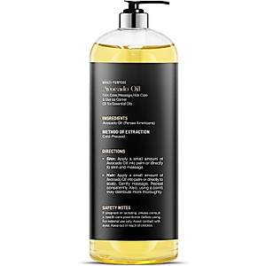 MAJESTIC PURE Avocado Oil - 100% Pure and Natural, Cold-Pressed, for Skin Care, Massage, Hair Care, and Carrier Oil to Dilute Essential Oils, 16 fl oz