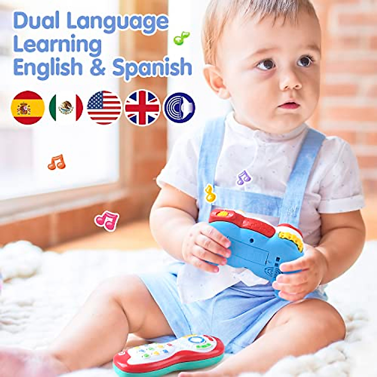 Baby Controller Toy - Bilingual Spanish & English Learning Toys, Pretend Video Game Controller & TV Remote Combo with Music and Light, Christmas Birthday Gift for Infants Toddlers 12+ Months