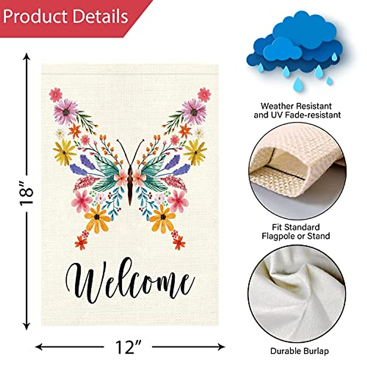 Welcome Spring Floral Garden Flag 12x18 Double Sided, Burlap Small Vertical Spring Butterfly Flower Garden Yard Flags for Seasonal Outside Outdoor House Decoration (Only Flag)