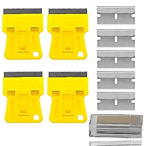 WEKOIL Mini Plastic Razor Blade Scraper High Visibility Bright Yellow Window Scraper Paint Scraper with 5 Spare Metal Razor Scraper Blades Stove Top Scraper Scraping Sticker Decal Residue Label