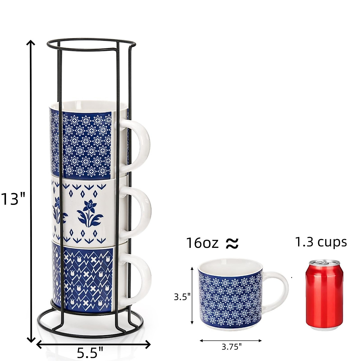 Eorbow 4 Pack Ceramic Coffee Mug Set with Rack, 16 OZ Stackable Cappuccino Cups with Metal Stand, Blue and White Porcelain Tea Mugs for Latte, Americano, Milk, Hot Cocoa, Beverages, Microwave Safe