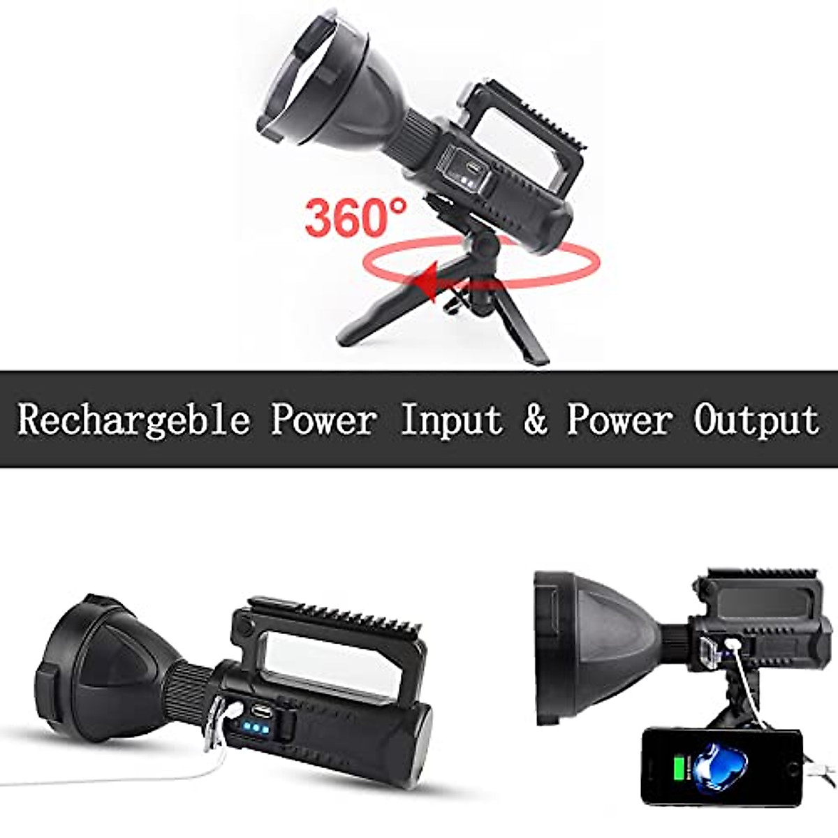 Rechargeable Spotlight Flashlights,LED Super Bright 90000 High Lumens Handheld Tactical Flashlight,4 Modes IPX5 Waterproof Large Searchlight for Camping,Fishing with USB Output and Foldable Tripod