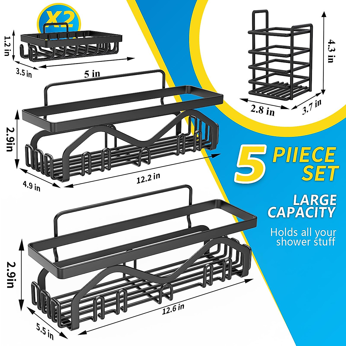 Coraje Shower Caddy, Shower Shelves [5-Pack], Adhesive Shower Organizer No Drilling, Large Capacity, Rustproof Stainless Steel Bathroom Shower Organizer, Shower Shelf for Inside Shower, Black