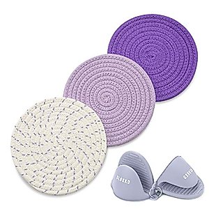 Lavender Potholders Set Trivet Set - Lavender Kitchen Accessories - 100% Cotton Hot Pads 7 Inches Diameter - Silicone Mitts for Hot Pots and Pans - Ideal for Cooking and Baking