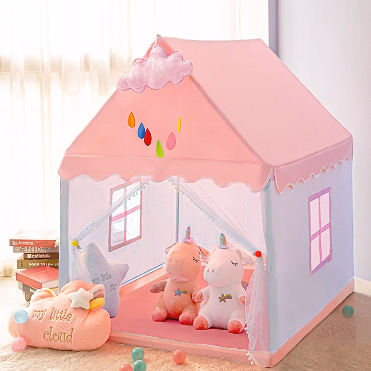 Kids Tent Play Tents for Toddler Children Indoor and Outdoor Large Pink Girls Princess Playhouse Castle with Windows Clouds and Flags Kids Room Furniture 40" L × 48" W × 52" H