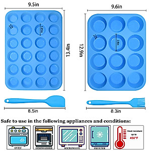 Silicone Muffin Pan Cupcake Set – Non-Stick 12 Cups and Mini 24 Cups,Silicone Baking Molds,BPA Free Muffin Tin with 1 Silicone Spatula & 1 Oil Brush (blue)