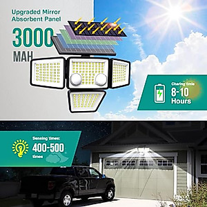 Solar Outdoor Lights - 3000LM 188 LED Motion Sensor Outdoor Lights, 4 Heads IP65 Waterproof Powered Security Flood Lights, 270°Wide Lighting Angle Wall Light with Dual Sensors for Backyard Yard Patio