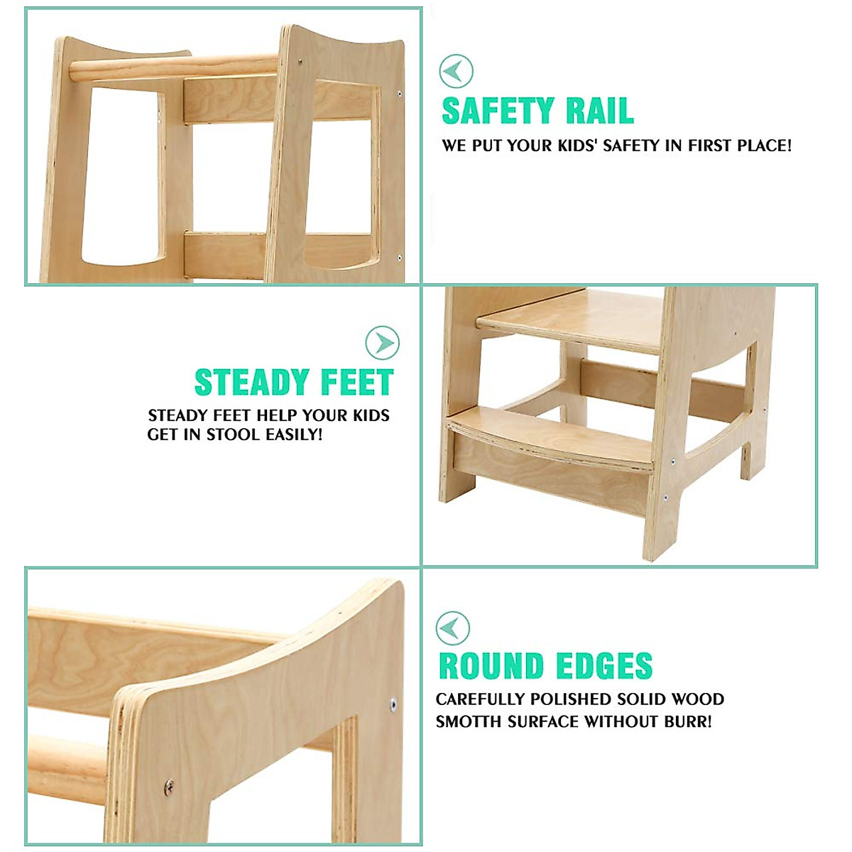 EGREE Toddlers Kitchen Step Stool with Safety Rail Kids Wooden Standing Tower for Kitchen Counter and Bathroom Sink, 3 Heights Adjustable Step Up Stool Mothers' Helper, Solid Wood Construction, White