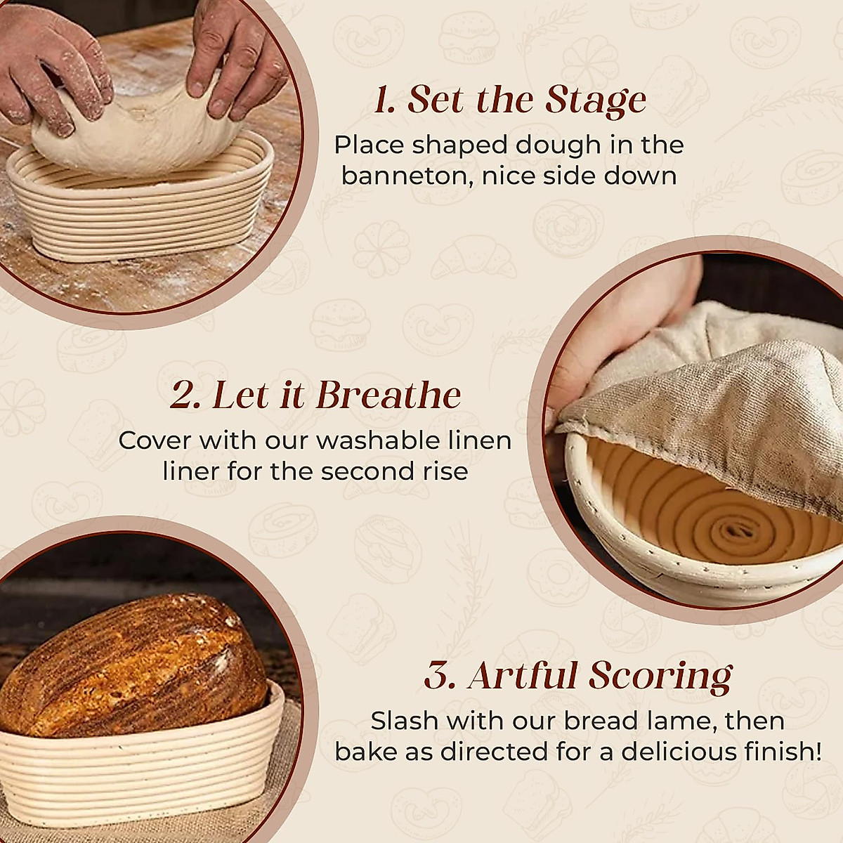 LITHOS Store 10 Inch Oval Natural Rattan Banneton Bread Proofing Basket Set with Bread Lame & Slashing Scraper - Natural Rattan Bread Proofing Basket, Ensures Crispy Crust & Fluffy Interior