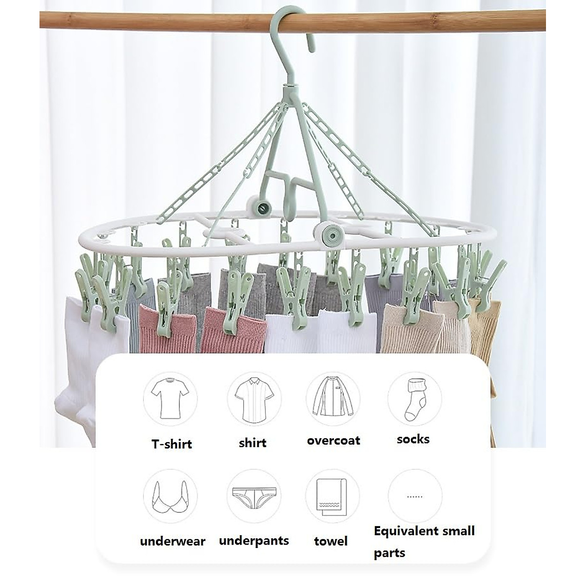 Hanging Drying Rack, Folding Laundry Rack, Plastic Laundry Clips with 18 Clips and Drip Dryer for Socks, Underwear, Towels, Bras, Scarves and Baby Clothes with Foldable Clips.