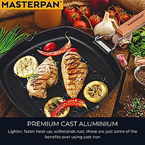 MasterPan Non-Stick Grill Pan with Folding Wooden Handle, 8", Black and Brown