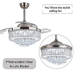 42inches Brushed Nickel crystal Ceiling Fan Indoor with Light and Remote,Ceiling Fans Retractable Blades Bedroom Ceiling Fan with Lights and Remote Control LED Ceiling Fan Light Kit
