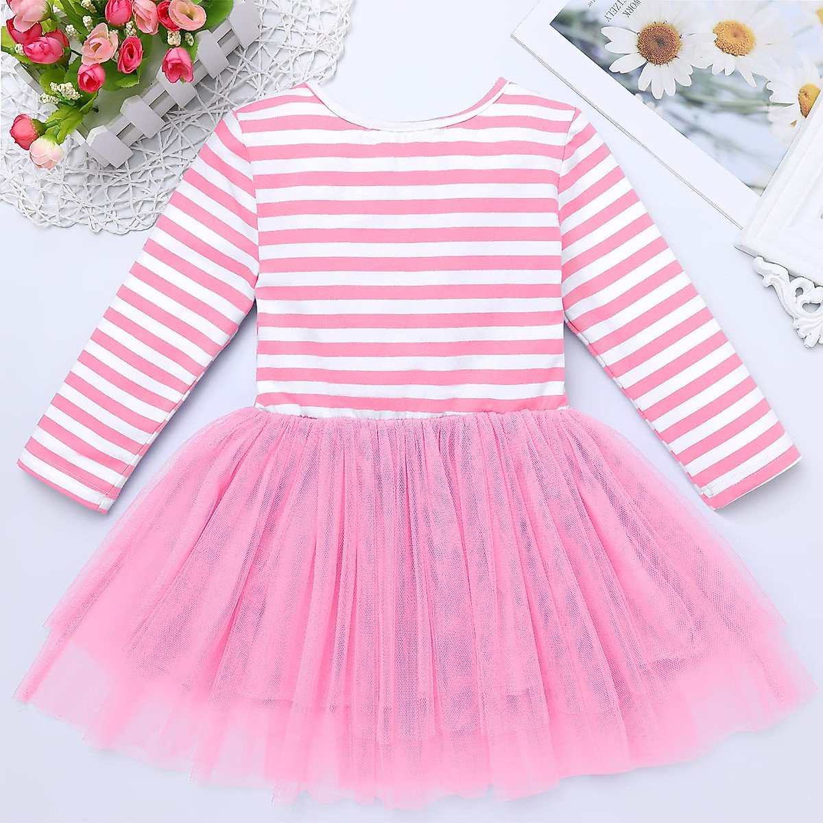 Baby Girls Shinny Striped 1st/2nd/3rd Birthday Long Sleeve Printed Princess Cake Smash Tutu Tulle Dress Toddler Kids Outfit Pink Crown (Two Year) One Size
