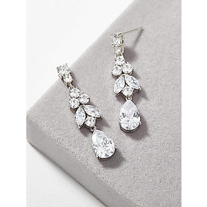 SWEETV Teardrop Wedding Bridal Earrings for Brides, Bridesmaids, Silver Crystal Cubic Zirconia Dangle Drop Earrings for Women Prom Gifts