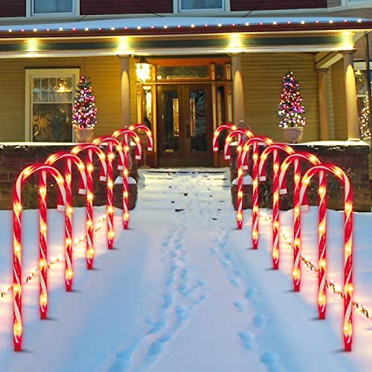 GLOWNOVA 12 Pack 16.5'' Christmas Candy Cane Pathway Markers, Xmas Pathway Lights Outdoor with 70 Warm White Lights for Walkway Garden Lawn Holiday Decorations