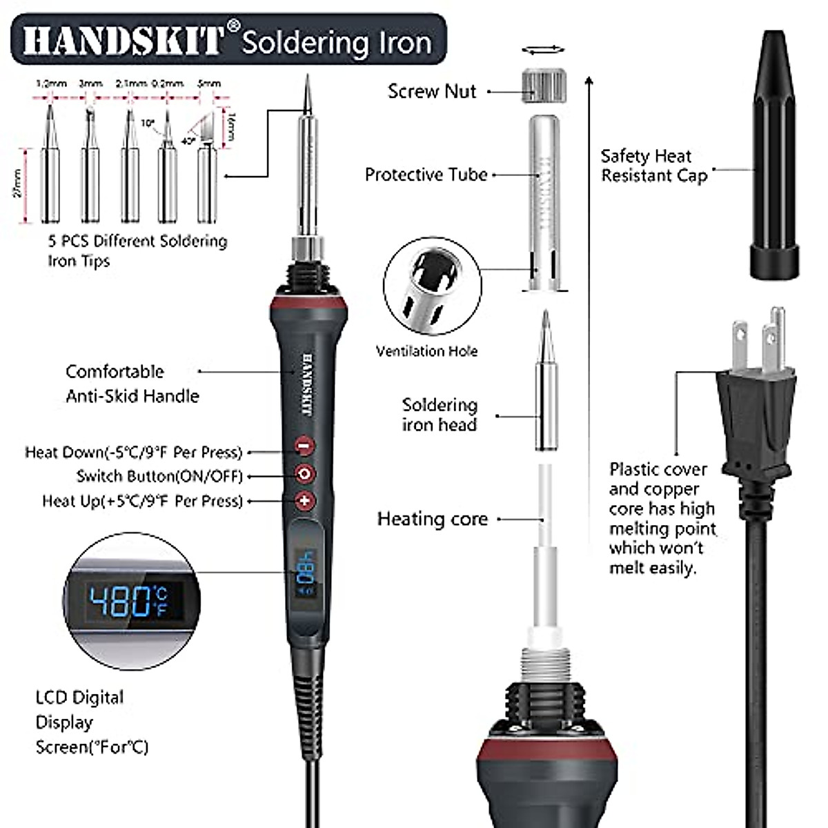 Electronics Soldering Iron Kit, [Upgraded] Soldering Iron 110V 90W LCD Digital Portable Soldering Kit 180-480℃(356-896℉), Welding Tool with ON/OFF Switch, Auto-sleep, Thermostatic Design