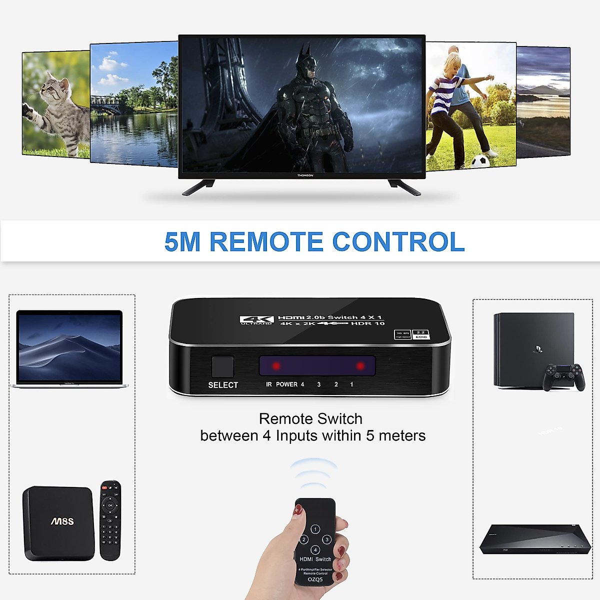 FERRISA 4K 60Hz 4x1 HDMI Switch, 4 Port Auto HDMI Switch Box with IR Remote,Support HDCP 2.2 4Kx2K 3D 1080P,4 in 1 Out HDMI Switch Switcher Selector for Xbox360/PS3/Roku/to TV Projector