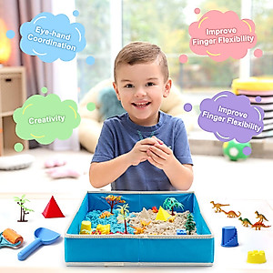 Theefun Play Sand 46Pcs Sand Toys Set with 3lbs Colored Sand-Beach Sand,Foldable Cloth Sandbox, Castle Tools, Dinosaur Figures-Sand Art Kits for Toddlers Boys Girls Gifts