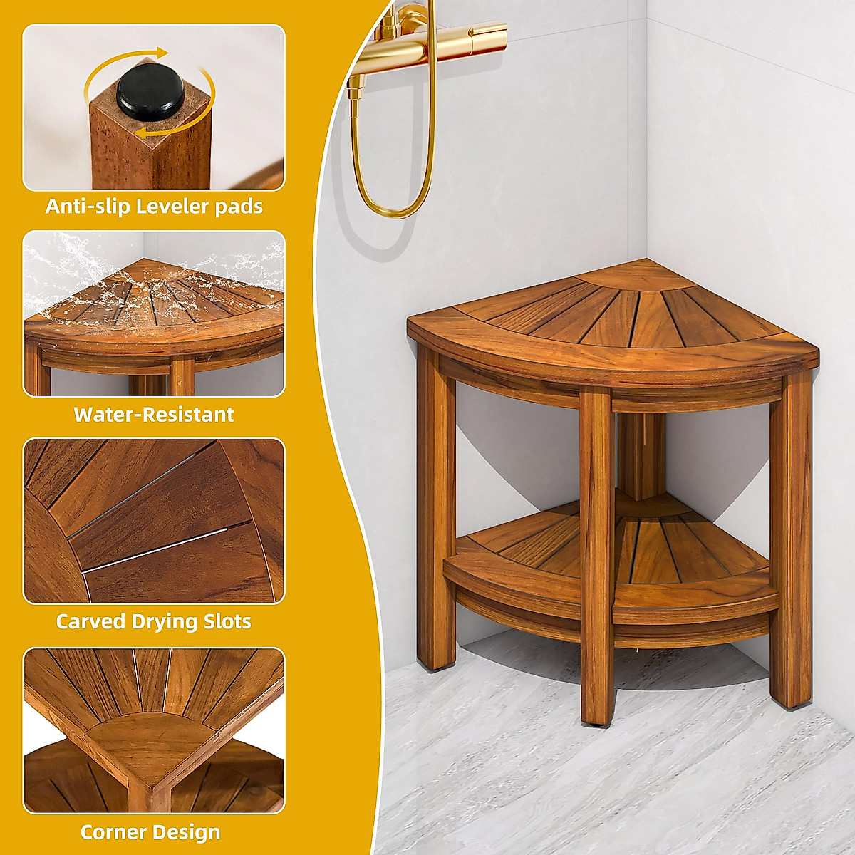 DWVO Teak Shower Bench 18" Shower Stool Corner Bench with Storage Shelf, Corner Seat for Inside Shower, Shower Stool Seat with Non-Slip Feet for Bathroom, Living Room, Indoor and Outdoor Use