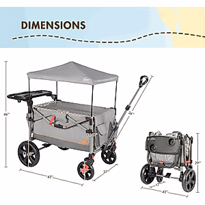 Busy Bee Foldable Wagon Stroller for 2 Kids, Push Pull Collapsible Kids Wagon with Adjustable Handle Bar, Removable Canopy, 5-Point Harness, Shock-Absorbing Wheels, Grey