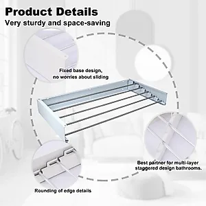 KOBSAINF Drying Rack Collapsible, Wall Mounted Drying Rack, Clothes Drying Rack, Retractable Drying Rack 5 Aluminum Rods 60 lb Capacity White 31.5"