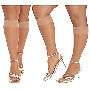 MANZI Plus Size Knee High Stockings for Women 6 Pairs Sheer Nylons Natural X-Large-XX-Large