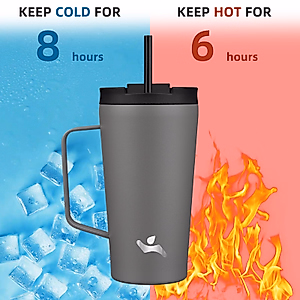 Konokyo Insulated Tumbler with Handle and Straw, 18 OZ Travel Coffee Mug Stainless Steel Cup Metal Water Bottle,Grey