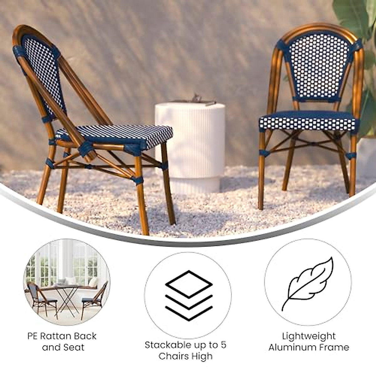 Flash Furniture Bordeaux Set of 2 Indoor/Outdoor Commercial Bistro Stack Chairs - Navy/White PE Rattan Back and Seat - Natural Bamboo Print Aluminum Frame