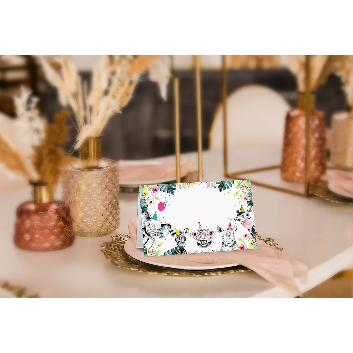 Table Place Card, Jungle Safari Animals Themed Tent Style Cards, Pack of 25 Half-Fold Reception Place Card, Wild Animal Food Labels, Perfect for Baby Shower, Birthday Party(C02)