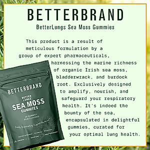 Betterbrand BetterLungs Pear Flavored Sea Moss Gummies - 1600mg Bladderwrack & Burdock Root for Lung & Immune Support, 60 Count