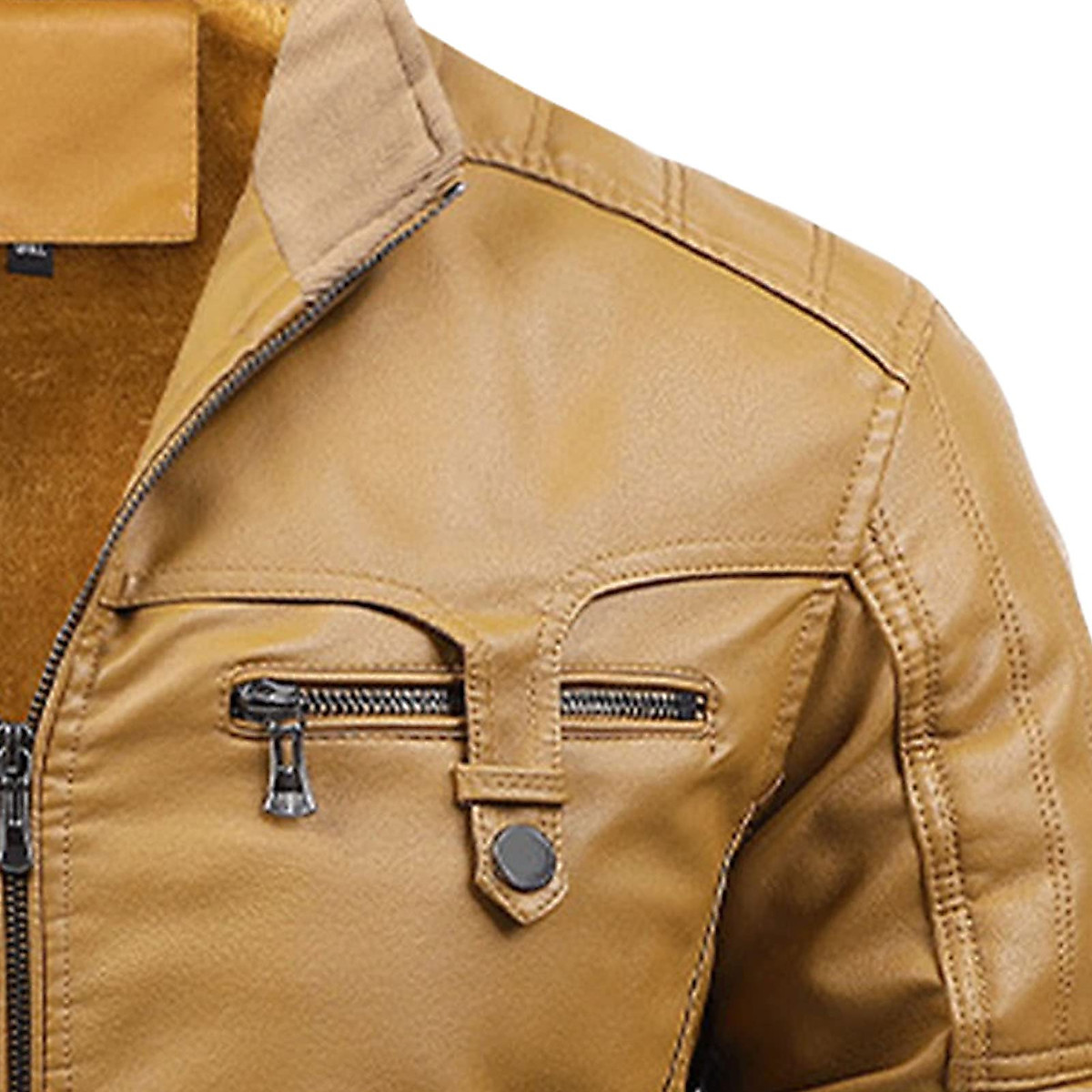 Maiyifu-GJ Men Vintage Stand Collar Leather Jacket Faux Leather Fleece Lined Motorcycle Jacket Lightweight PU Zip Up Outwear (Yellow 2,3X-Large)