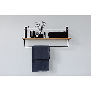 Wood Floating Shelves with Metal Towel Bar, Oak Kitchen Wall Storage Towel Rack, Bathroom Towel Holder, Wall Mounted Steel Towel Rack ETHIMO Classic I