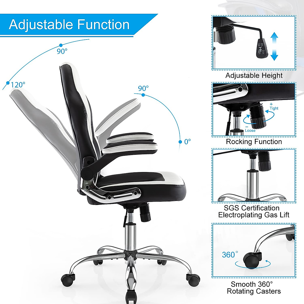 SMUG Gaming Ergonomic Office Computer Desk Racing Style Bonded Leather Gamer Chair, with Flip-Up Arms and Adjustable Height, White