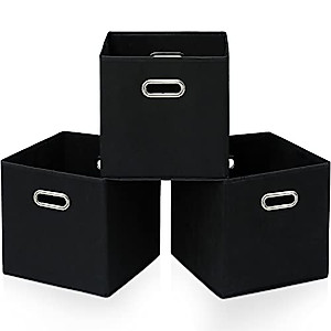 STOREONE Black Fabric Storage Bins Cubes Baskets Containers-(11X11X11") with Dual Handles Cube Storage Organizer Bins for Shelf Closet, Bedroom Organizers, Foldable Set of 3 (Black )