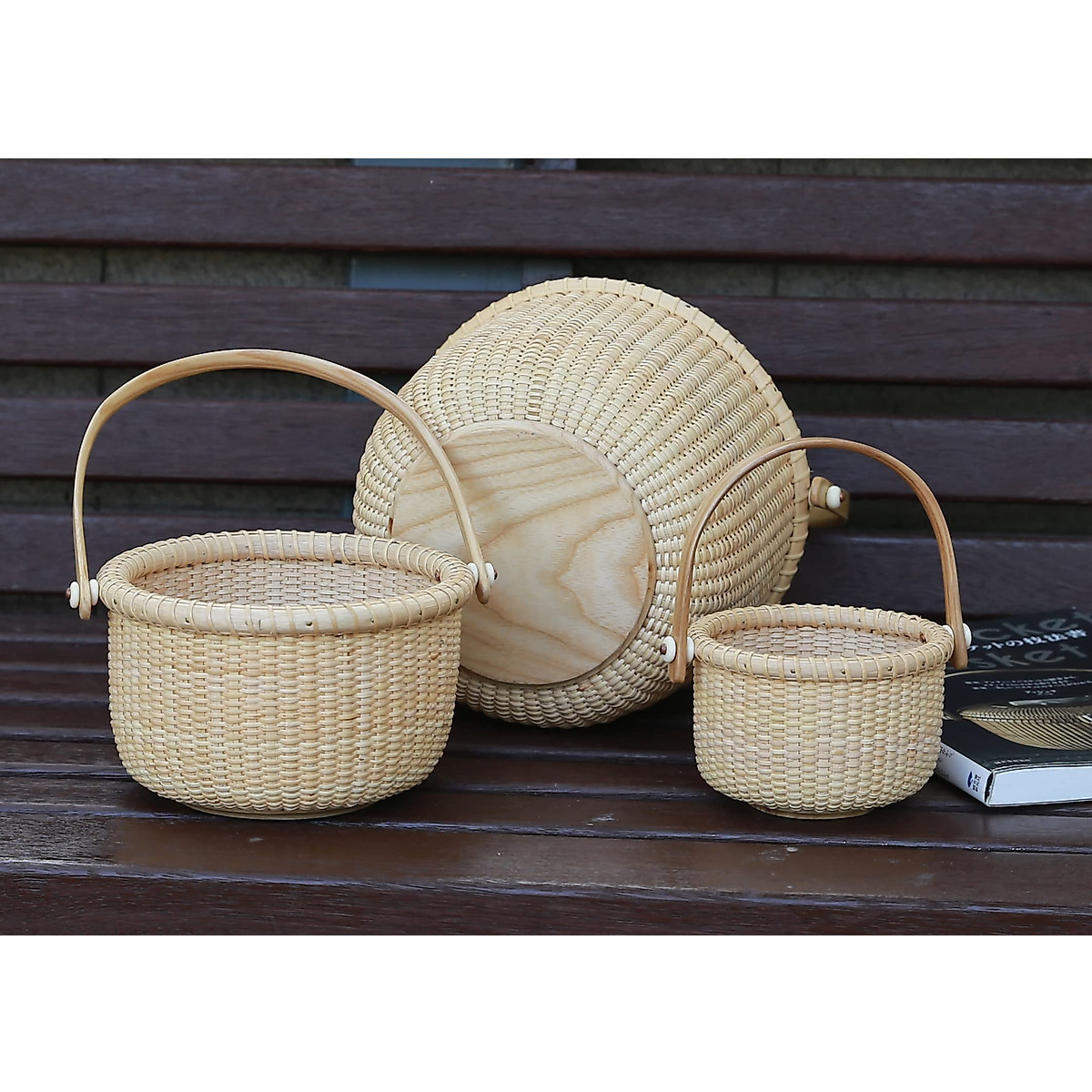 Teng Jin Open Round Nantucket Basket with Handles Handwoven Storage Serving Baskets for Easter, Picnics, Gifts, Home Decor and More several sizes ranging from 5” 13”