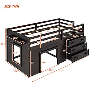 Twin Loft Beds with Storage Drawers Low Loft Bed Frame with Cabinet and Bedside Tray Wood Farmhouse Loft Bed for Kids Girls Boys Teens, Espresso