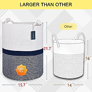 COMSE Extra Large Blanket Basket, Tall Storage Basket, 15.7”x 21.7”, Tall Rope Laundry Basket, Cotton Rope Basket, XXXL Laundry Basket, Toy Basket, Woven Basket, Clothes Baskets, Blend White/Navy Blue