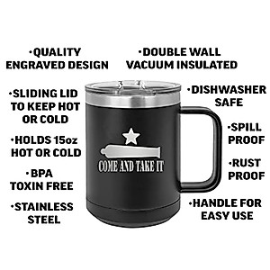 Rogue River Tactical USA Come and Take It Gonzalez Flag Texas Heavy Duty Stainless Steel Black Coffee Mug Tumbler With Lid Novelty Cup Great Gift Idea
