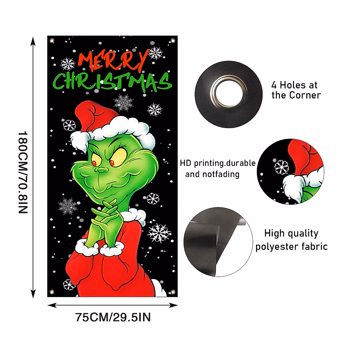 Christmas Door Cover Decorations Green Backdrop Merry Christmas Porch Sign for Indoor Outside Front Door Party Supplies（29.5x70.8in）